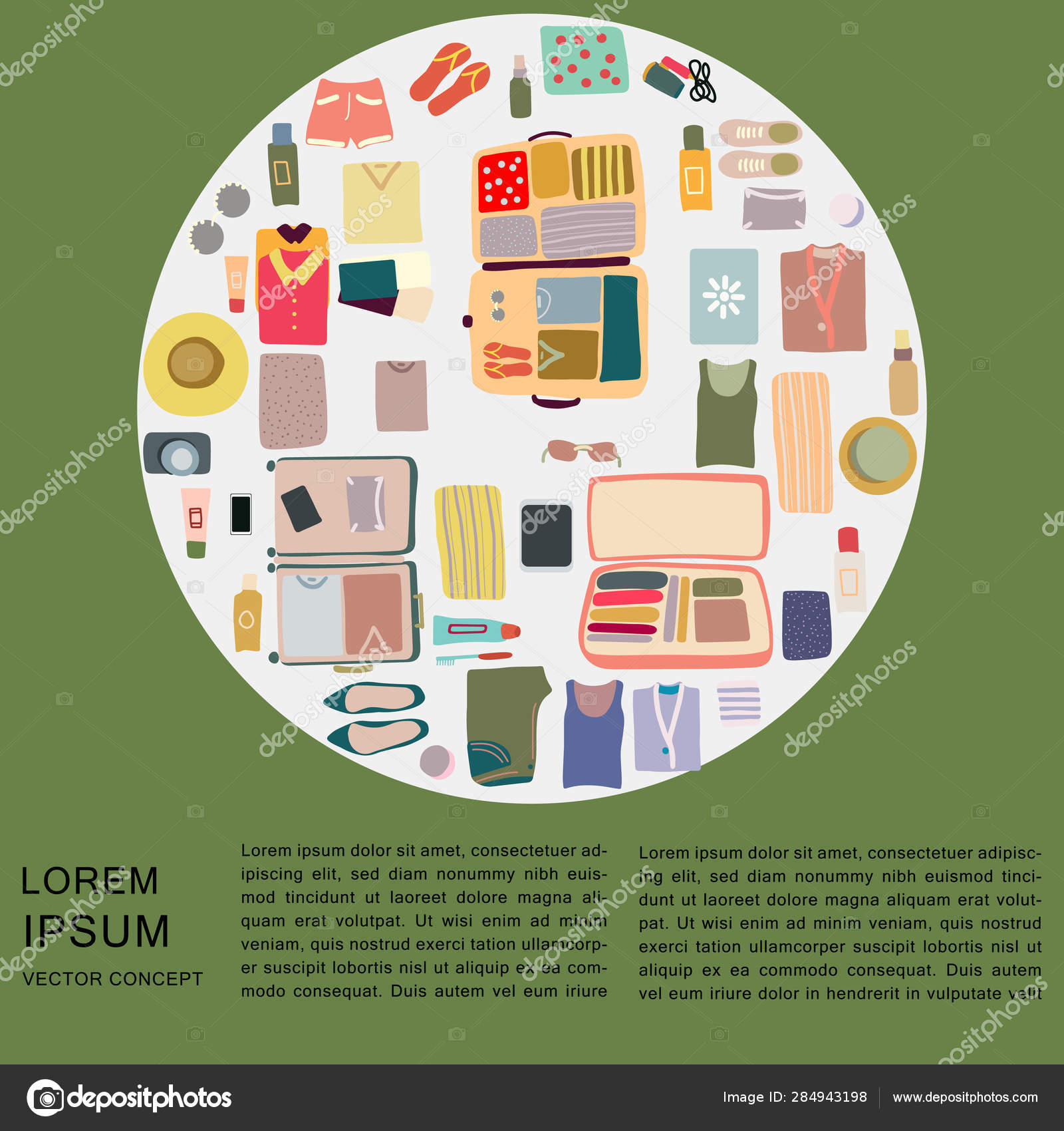 Circle shape border with travel and preparing luggage elements. Stock ...