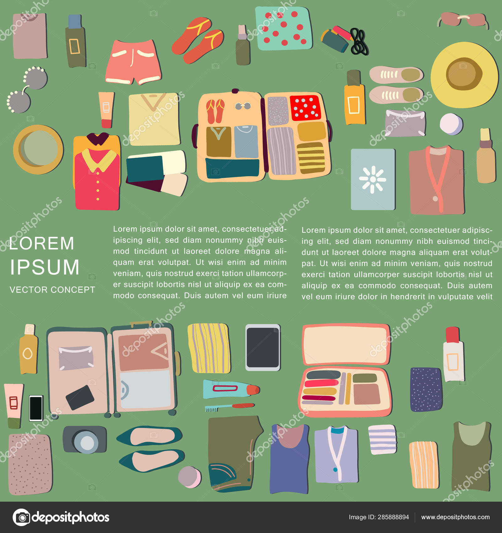 Borders with top view luggage and flat lay travel accessories Stock ...