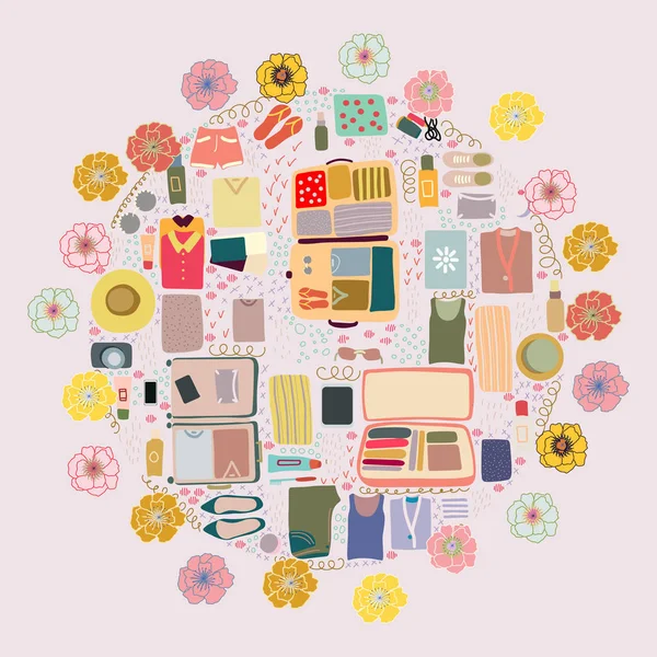 Borders with top view luggage and flat lay travel accessories Stock ...