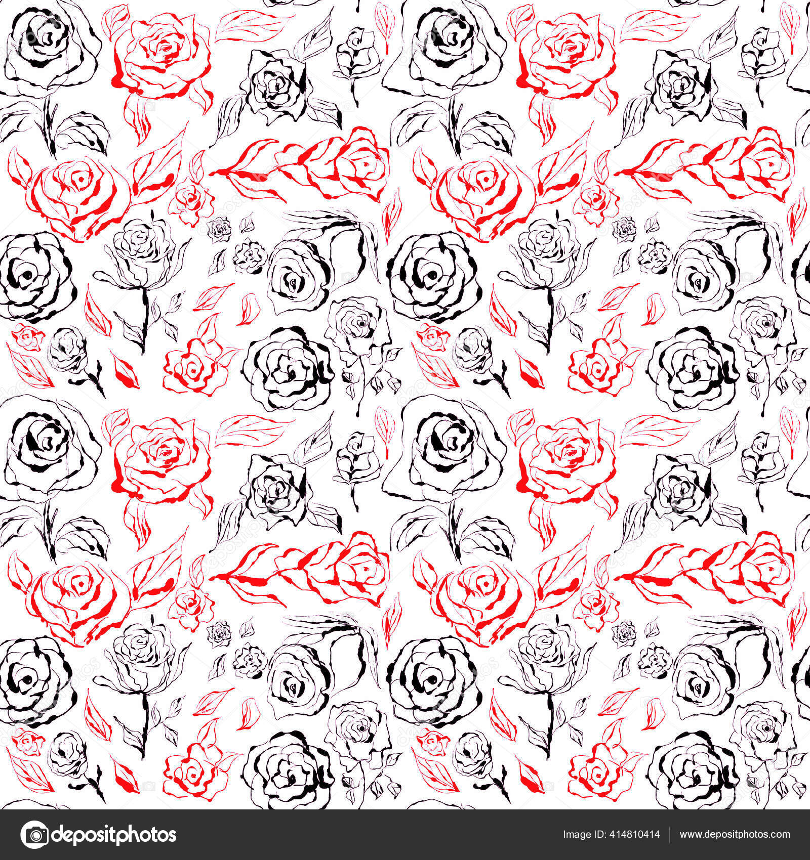 Black Red Roses Seamless Pattern White Background Hand Drawn Ink Stock ...