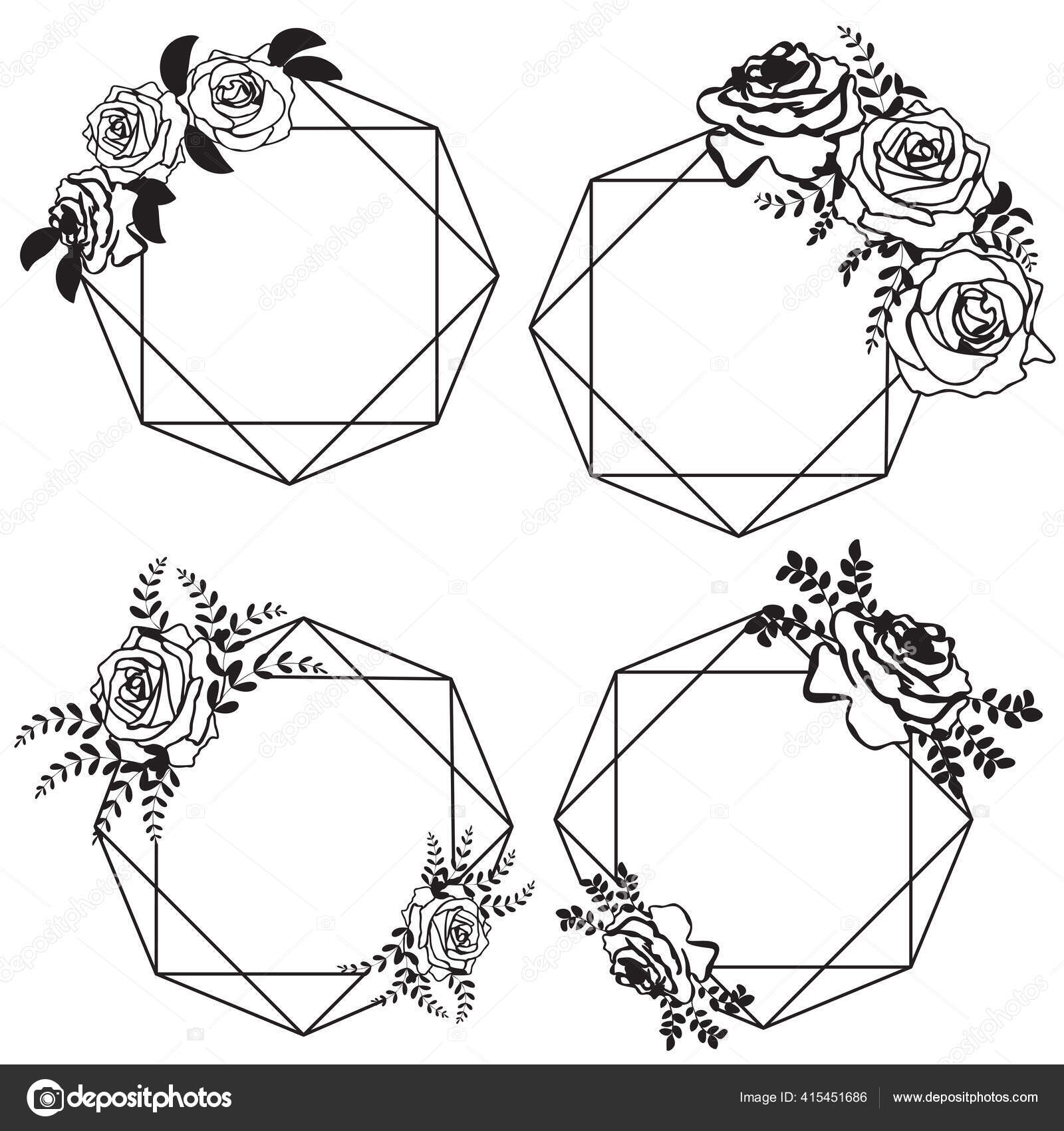 Hexagonal Floral Frame Rose Flowers Black Outline Simple Desing ...