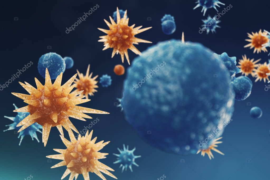 Ilustración 3D Virus backgorund. Virus influenza, hepatitis, SIDA, E ...