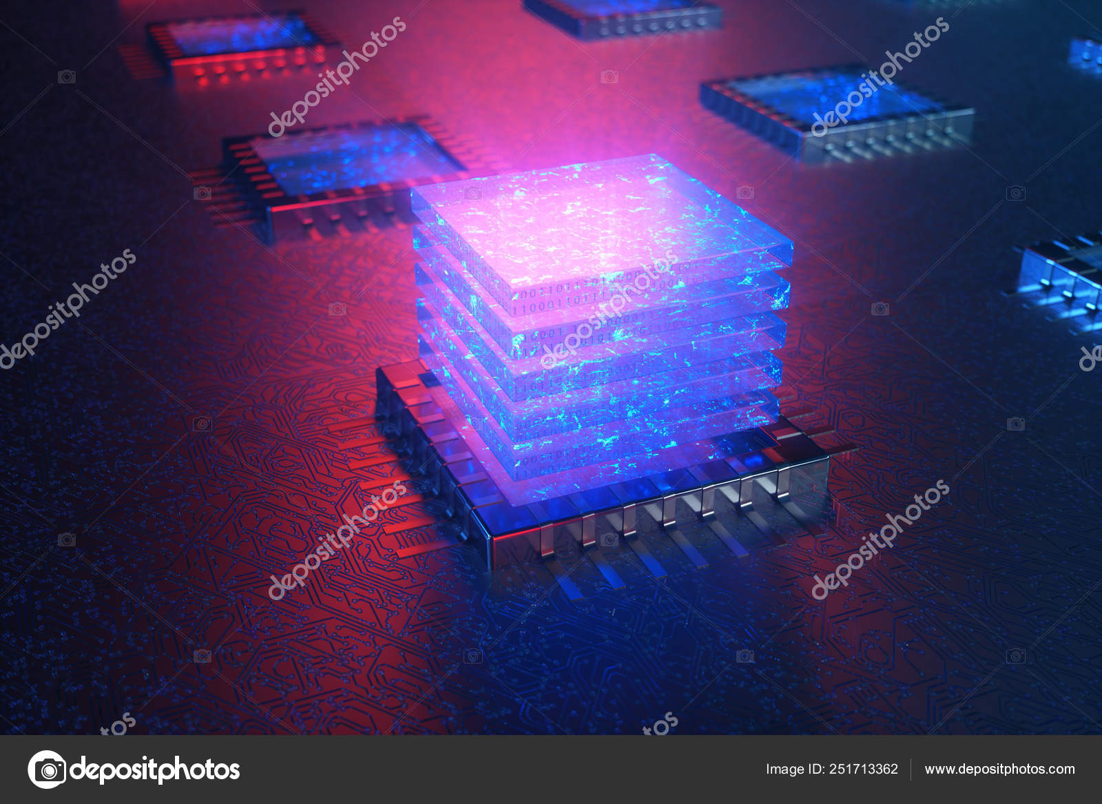 AI - artificial intelligence CPU concept. Machine learning. CPU on the board with glow tracks ...