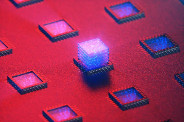 AI - artificial intelligence CPU concept. Machine learning. CPU on the board with glow tracks ...