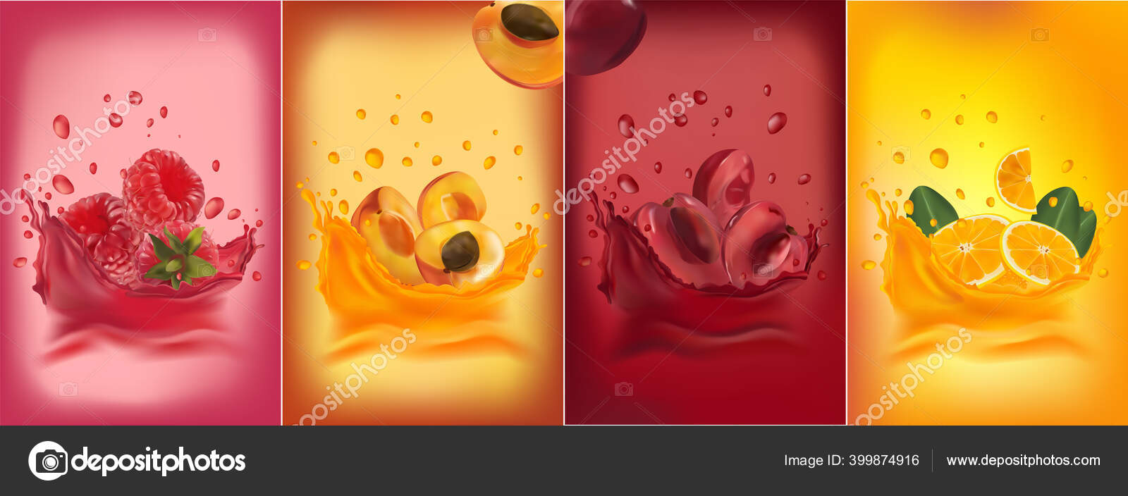 Fruit juice, cherry, raspberry, orange, apricot. 3D realistic fruit and ...