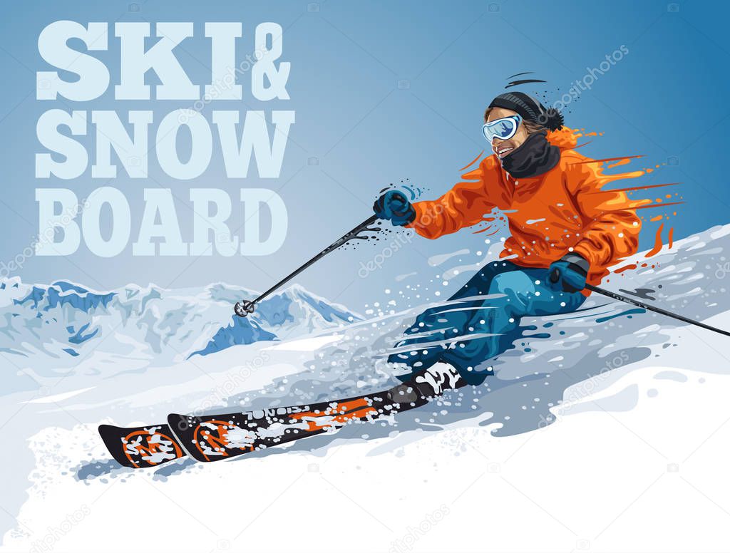 Vector Illustration Skiing Young Pro Guy Mountains Snowboarding — Stock ...
