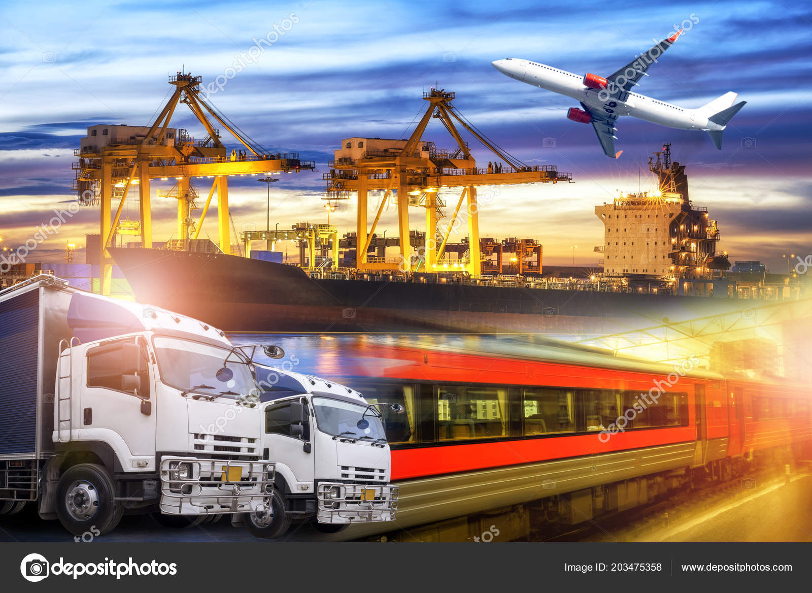 Logistics Transportation Cargo Ship Train Cargo Plane Working Crane ...