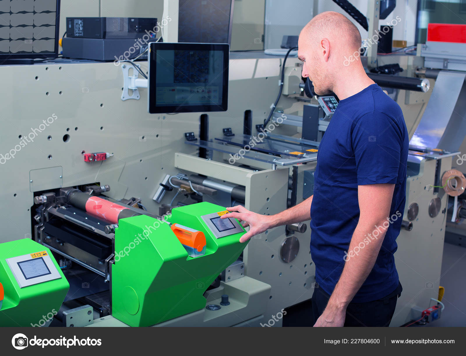Worker Next Printing Machine Inputs Data Pressing Touch Screen Skilled ...