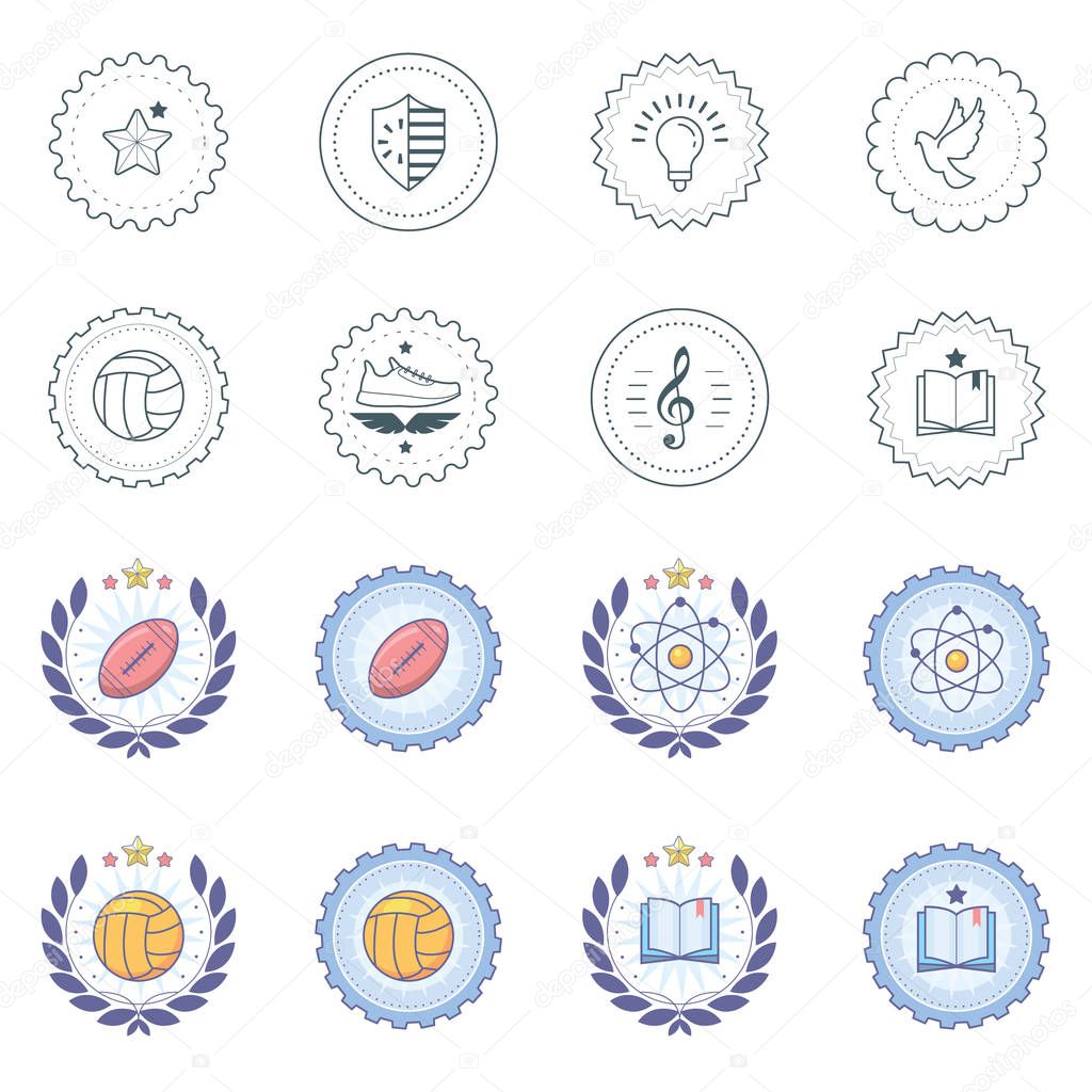 Placas de Logro. Conjunto de insignias de colores suaves y gráficos de ...