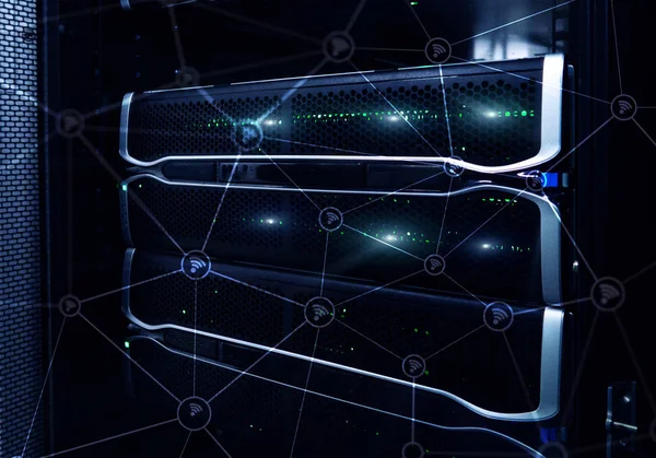 Wi fi network abstract structure on modern server room background ...