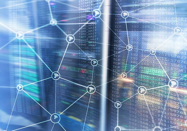 Telecommunication global network structure and networking concept on panoramic server background ...