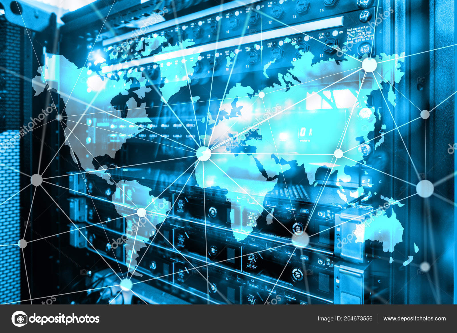 World Map Communication Network Server Room Background Stock Photo by ...