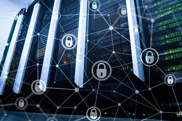 Cyber security, information privacy, data protection concept on modern server room background ...