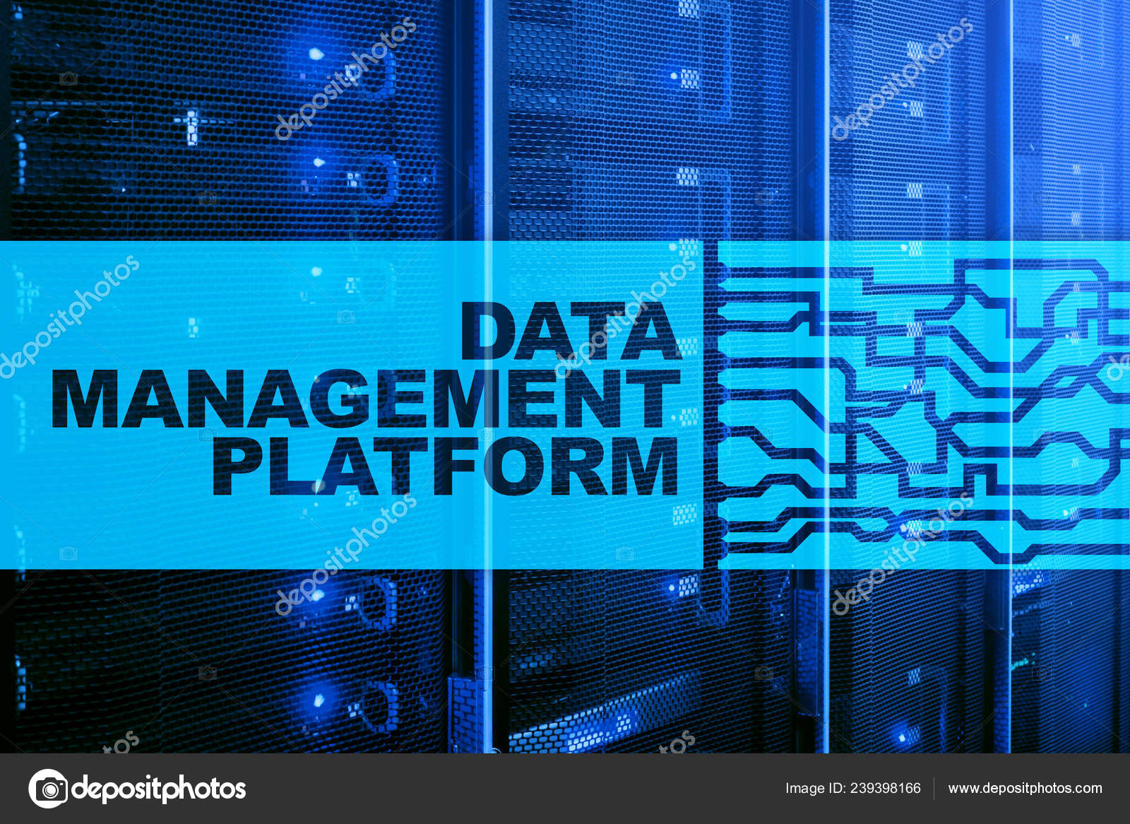 Data management and analysis platform concept on server room background ...