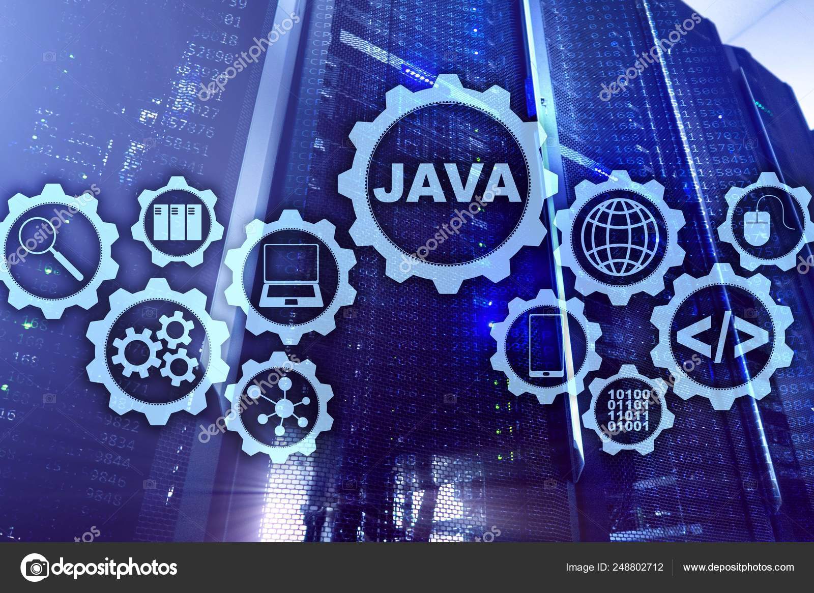 Java Programmierkonzept. Virtuelle Maschine. Auf Serverraum Hintergrund ...