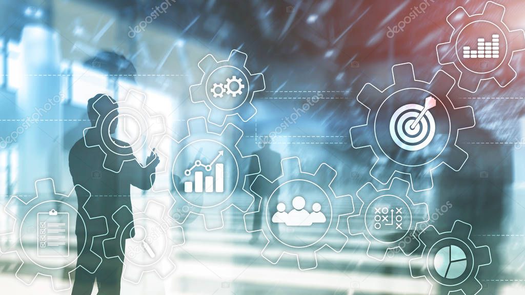 Concepto de automatizaci n de procesos empresariales. Engranajes e iconos sobre fondo abstracto 2024
