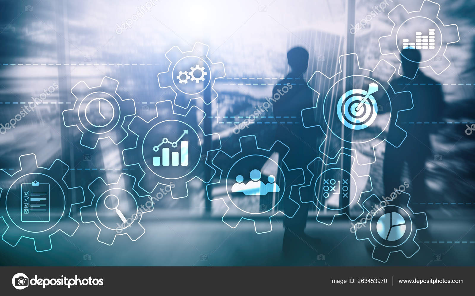 Business process automation concept. Gears and icons on abstract ...