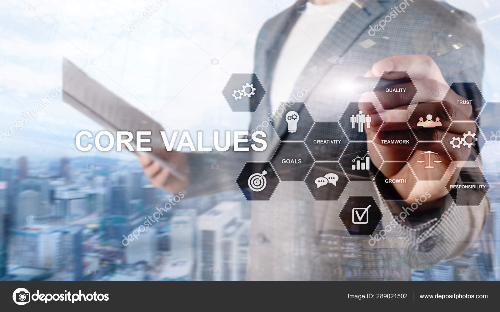 Core values concept on virtual screen. Business and finance solutions ...