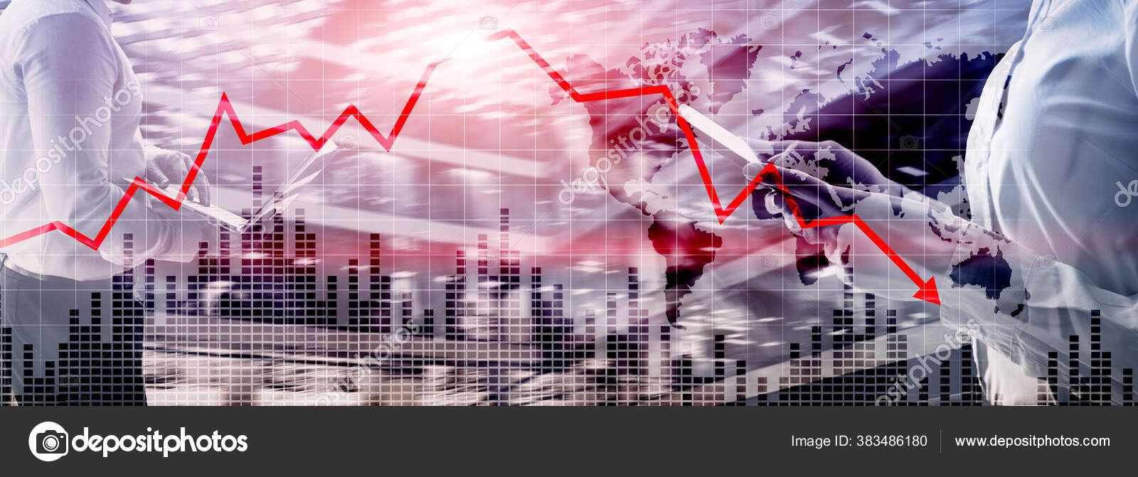 Chart with red down arrow on abstract background. Falling growth in ...