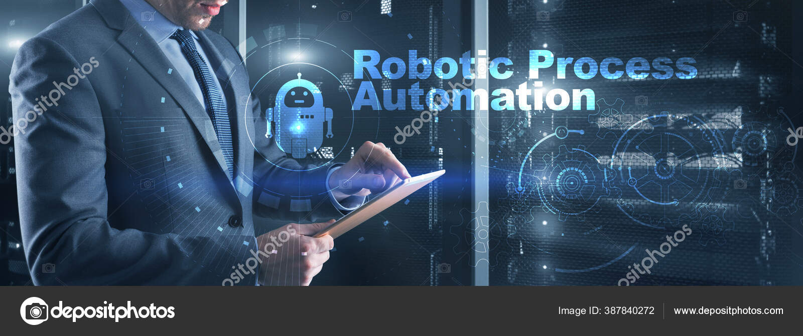 RPA Robotic Process Automation. Technology concept on virtual screen ...