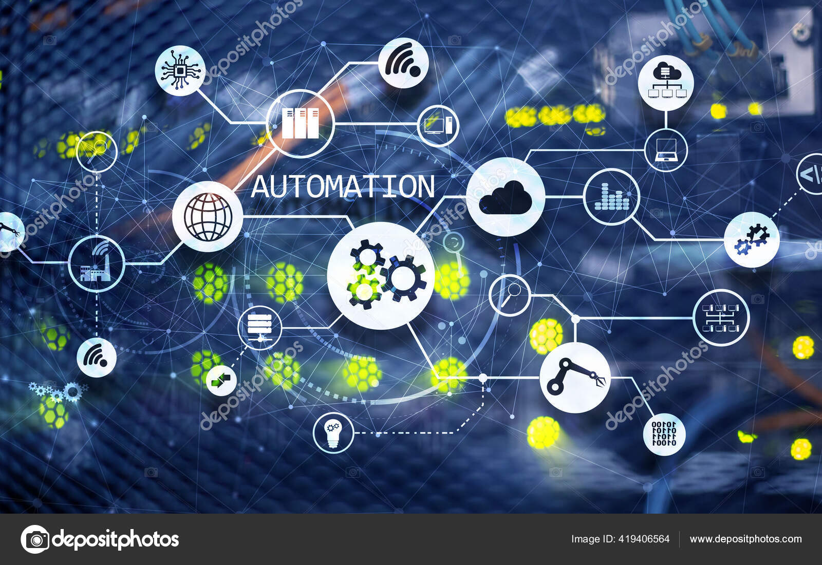 Business process automation concept on blurred network cabinets. New ...