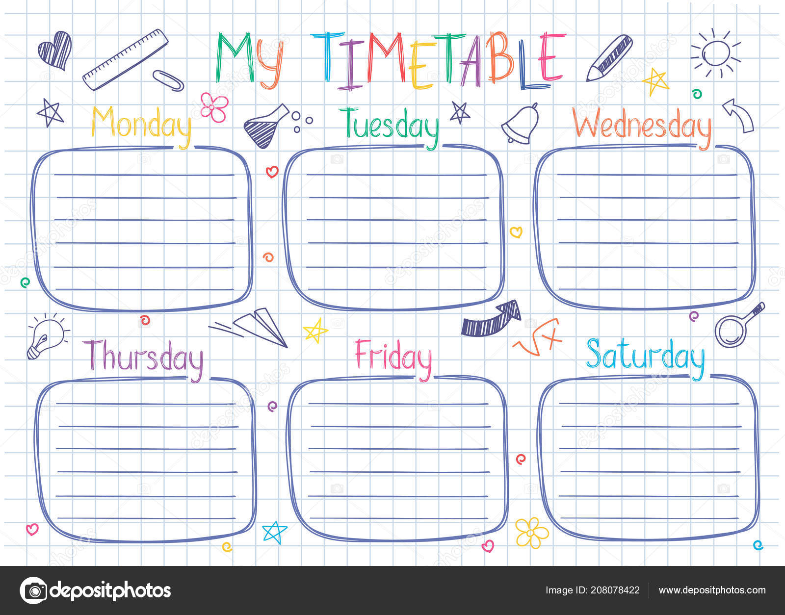 School timetable template on copy book sheet with hand written text ...