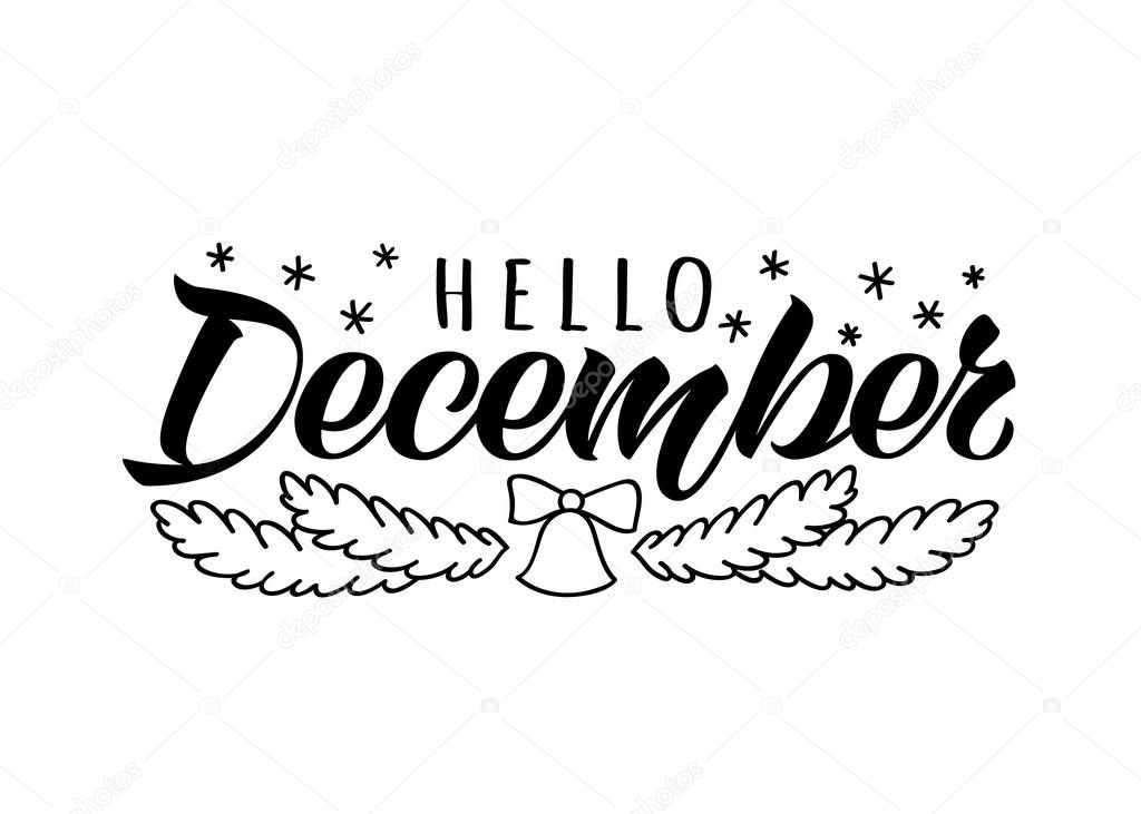 Hola diciembre dibujado a mano carta con garabatos ramas de abeto y ...