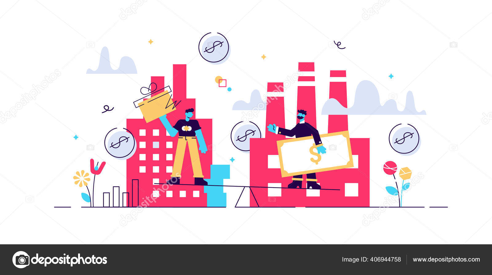 Microeconomics vector illustration. Flat tiny local business persons ...