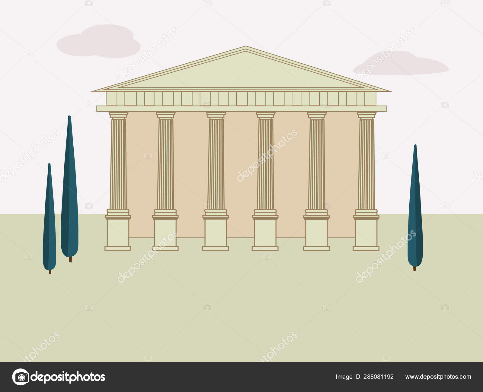 Romersk baggrund med tempel og træer. Bygningen af det antikke græske ...