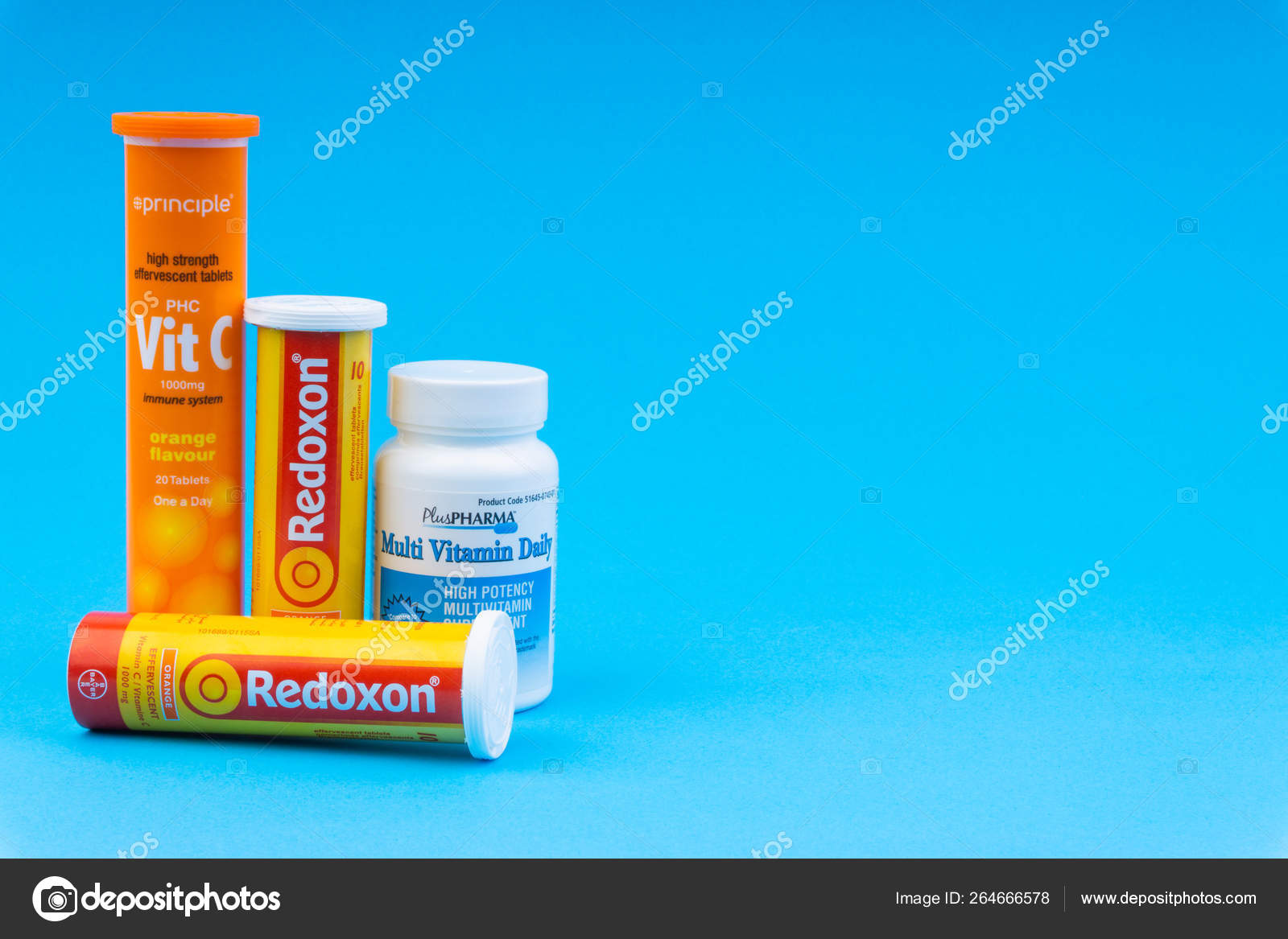 Multivitamin Tablets Vitamin Container Closeup Blue Background ...