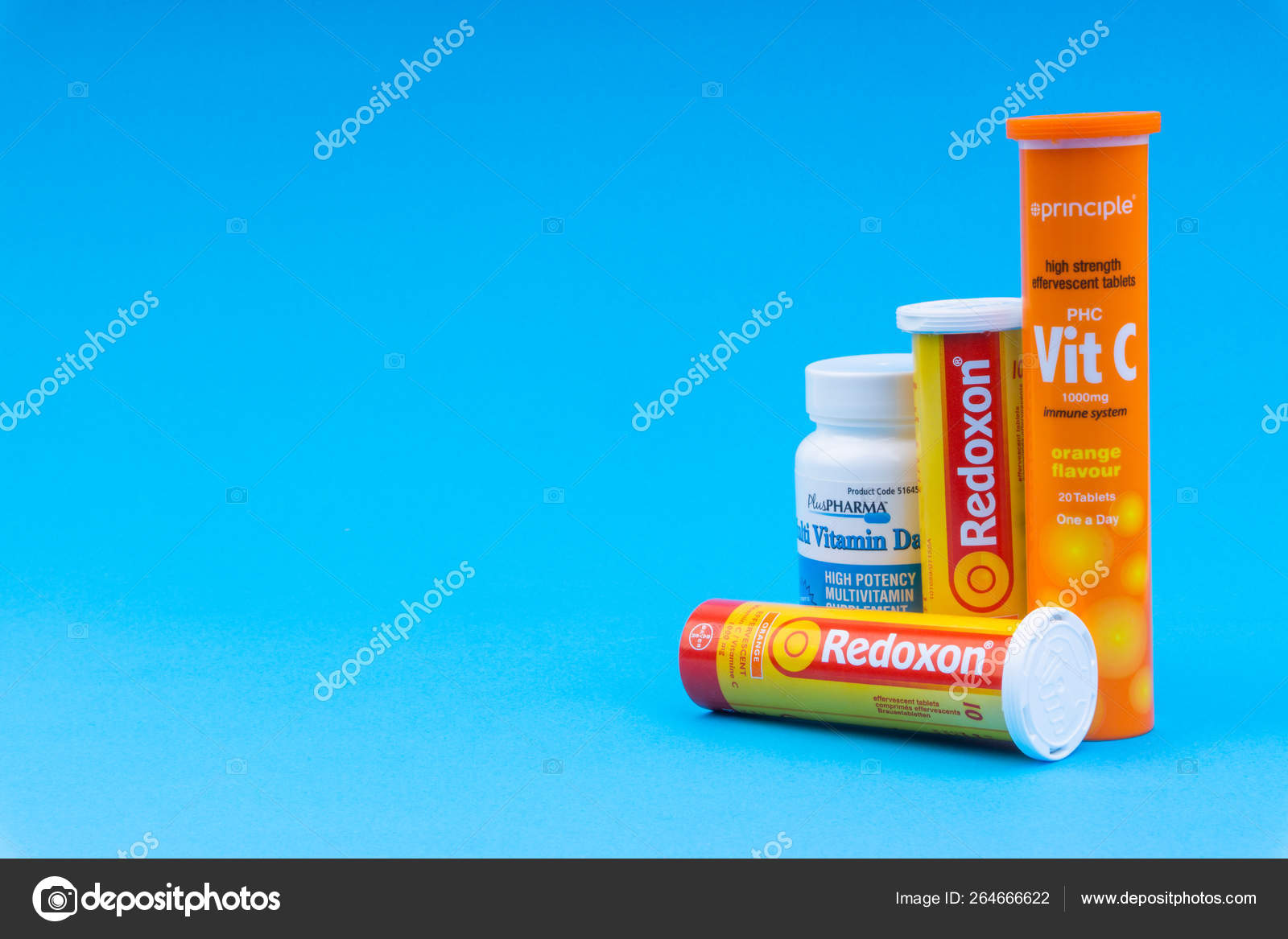 Multivitamin Tablets Vitamin Container Closeup Blue Background ...