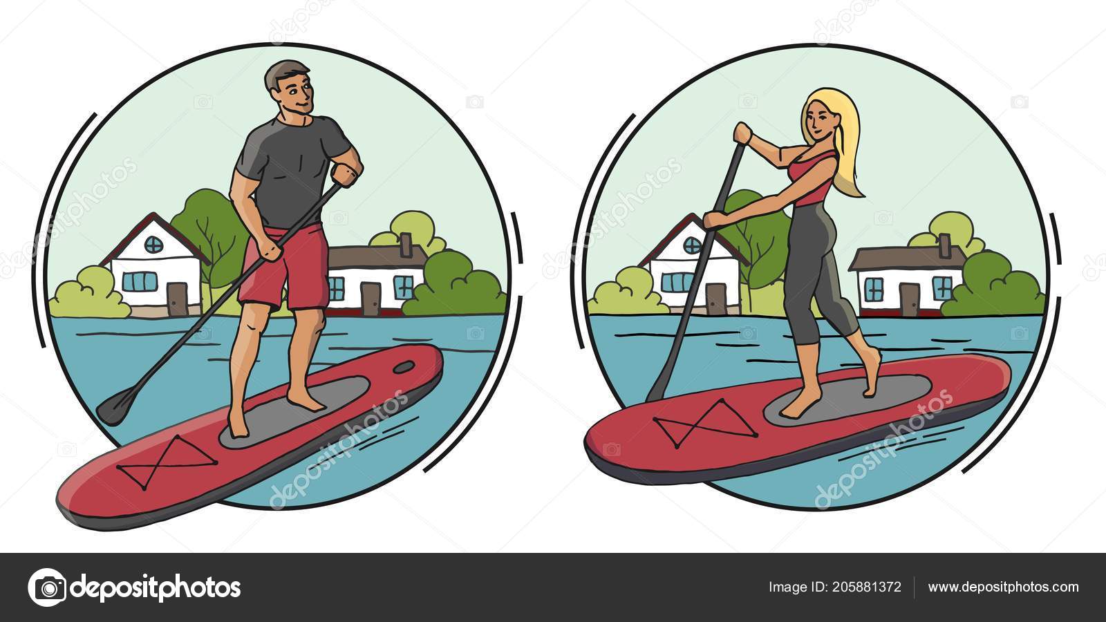 Stand Paddle Boarding Sup Surfing Cartoon Vector Illustration Young ...