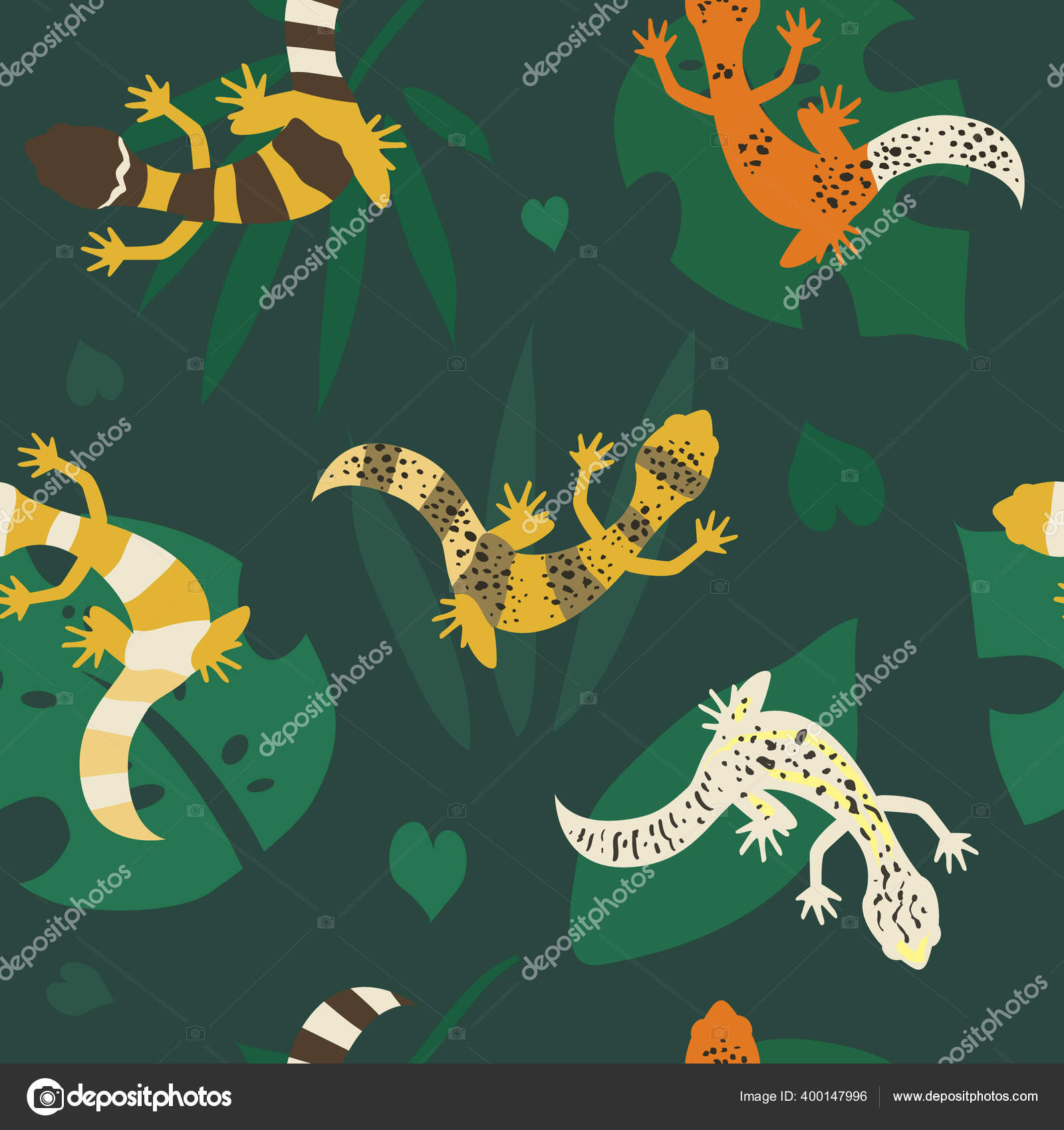 Seamless Pattern Leopard Geckos Tropical Leaves Colorful Lizards Exotic ...