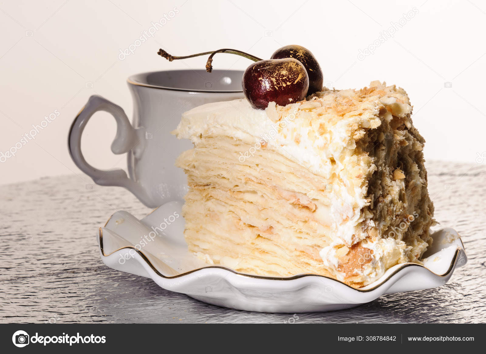 Golden Napoleon Decorated Cake Cherry Homemade Pastry Shop Handmade Cup ...