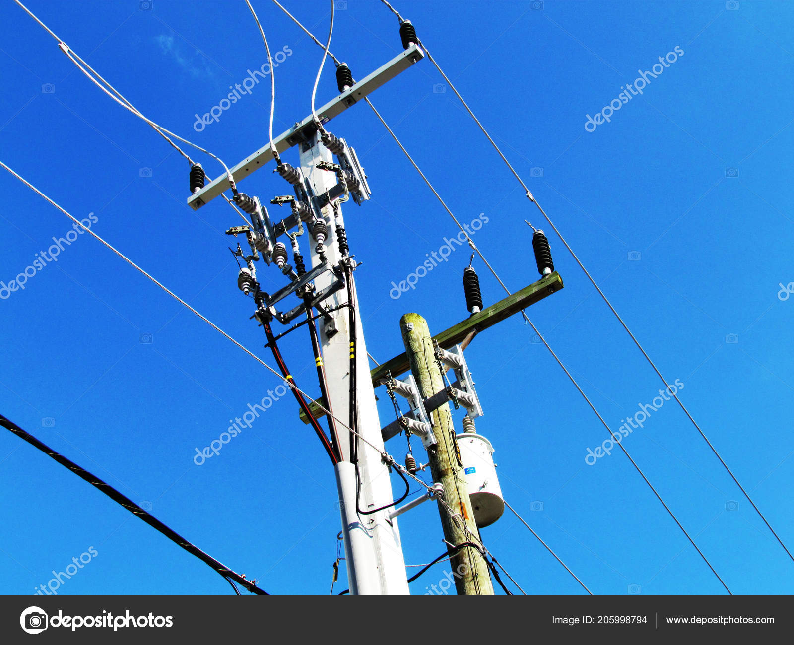 Electrical Wire Street Wood Concrete Post Blue Sky Background — Stock ...