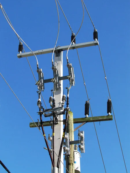 Electrical Wire Street Wood Concrete Post Blue Sky Background — Stock ...
