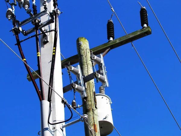Electrical Wire Street Wood Concrete Post Blue Sky Background — Stock ...