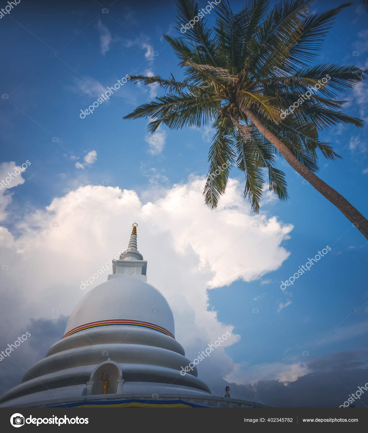 White Buddhist Temple Background Blue Sky Palm Trees Beautiful ...