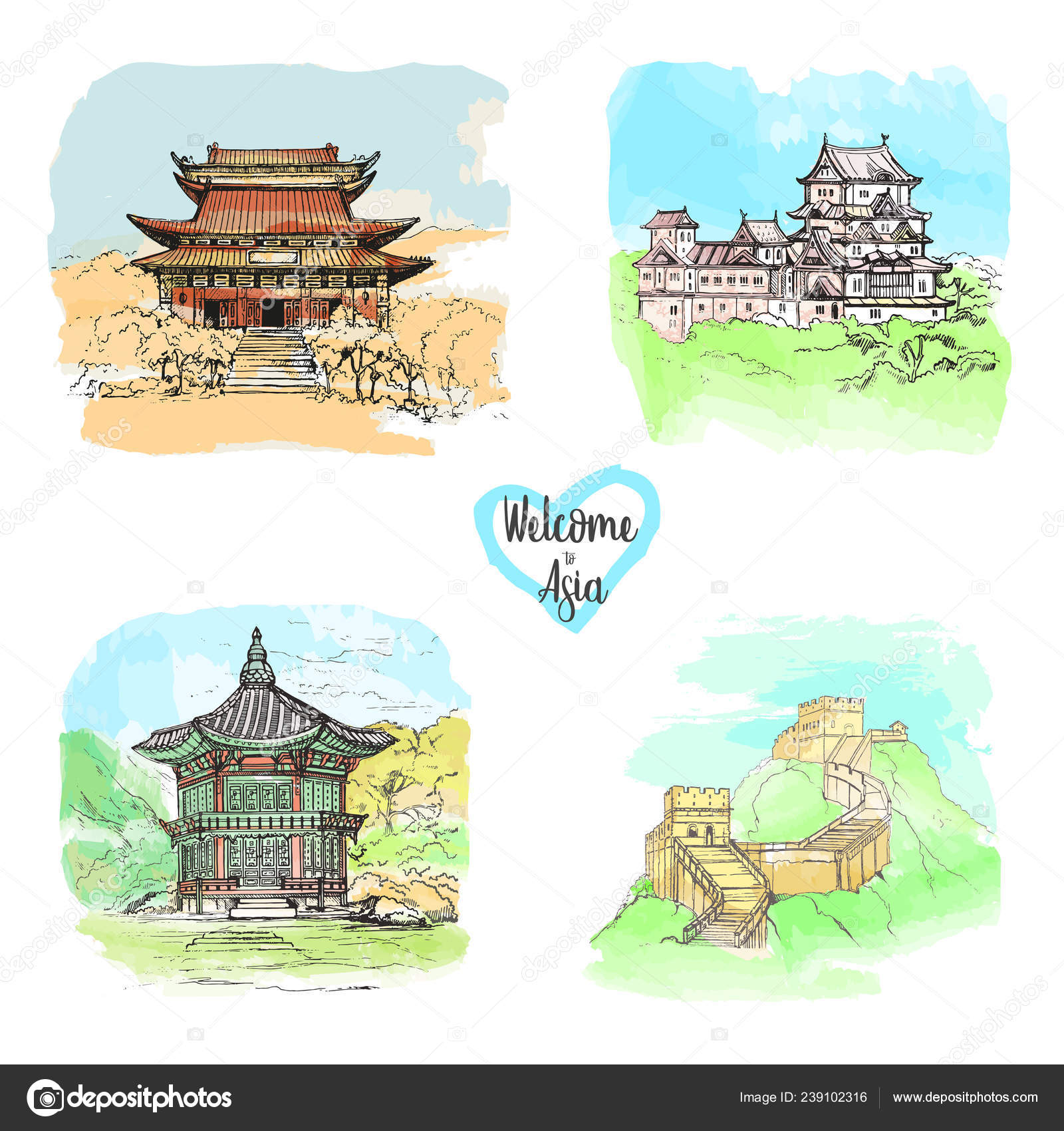 Hand Drawn Architecture Sketch Set Landmarks Asia Bukchon Watercolor ...
