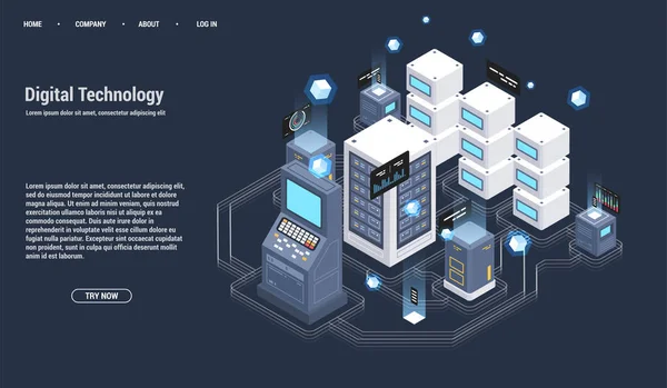 Isometric Server room and big data processing concept, datacenter and data base icon, digital ...