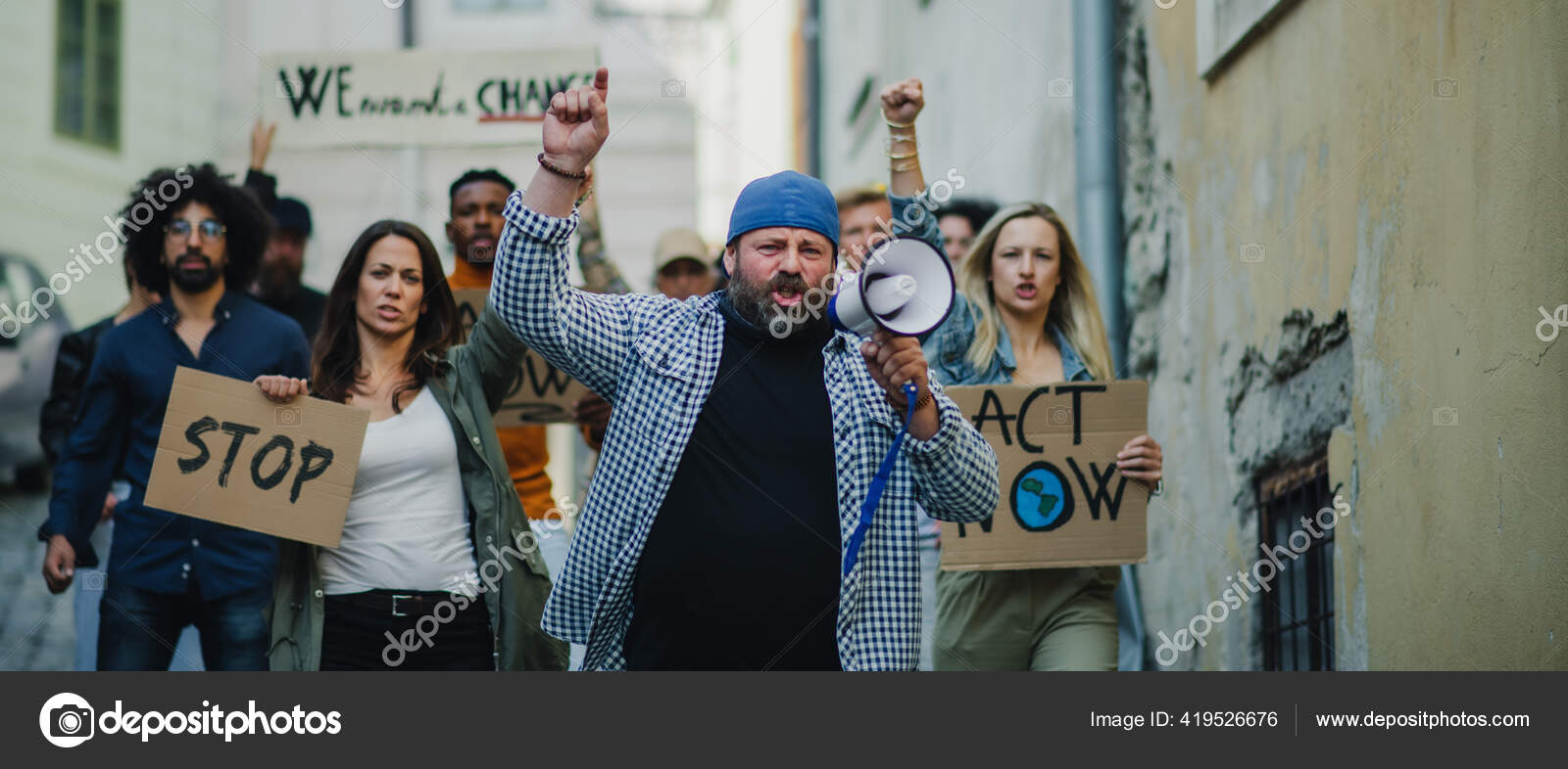 Group of people activists protesting on streets, strike and ...