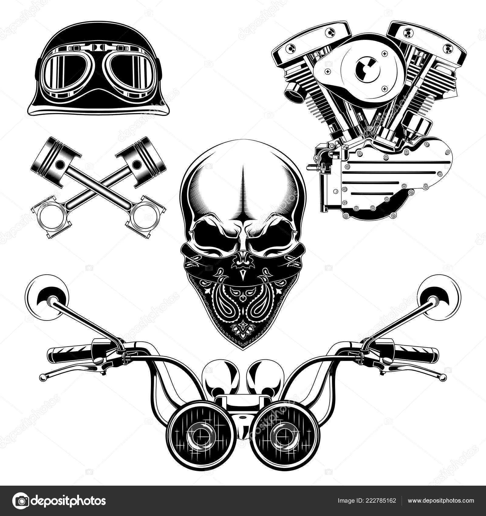 Set Vector Images Engine Skull Moto Helmet Pistons Steering Wheel Stock ...
