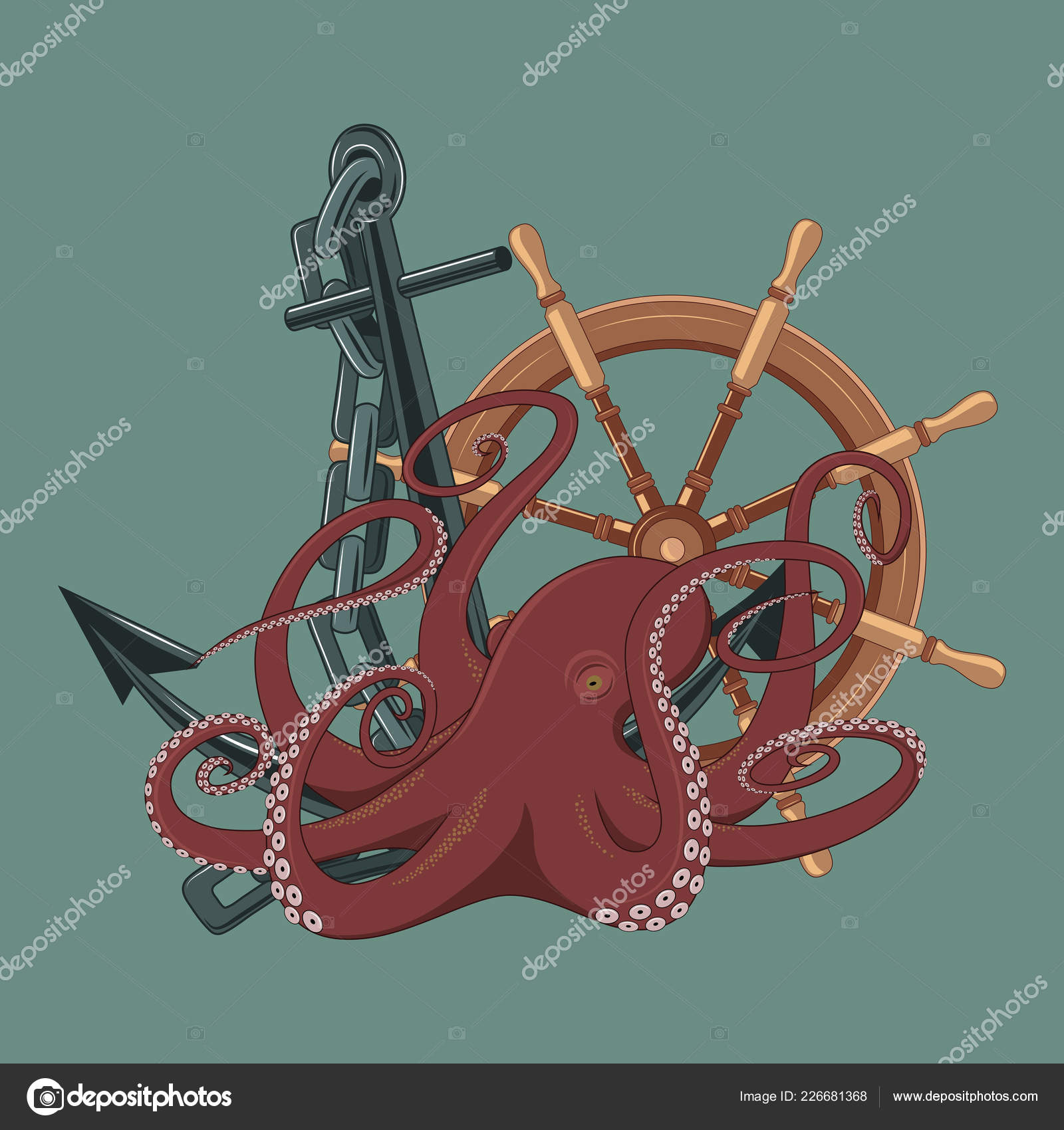 Vector Image Octopus Anchor Helm Blue Background Stock Vector by ©anna ...