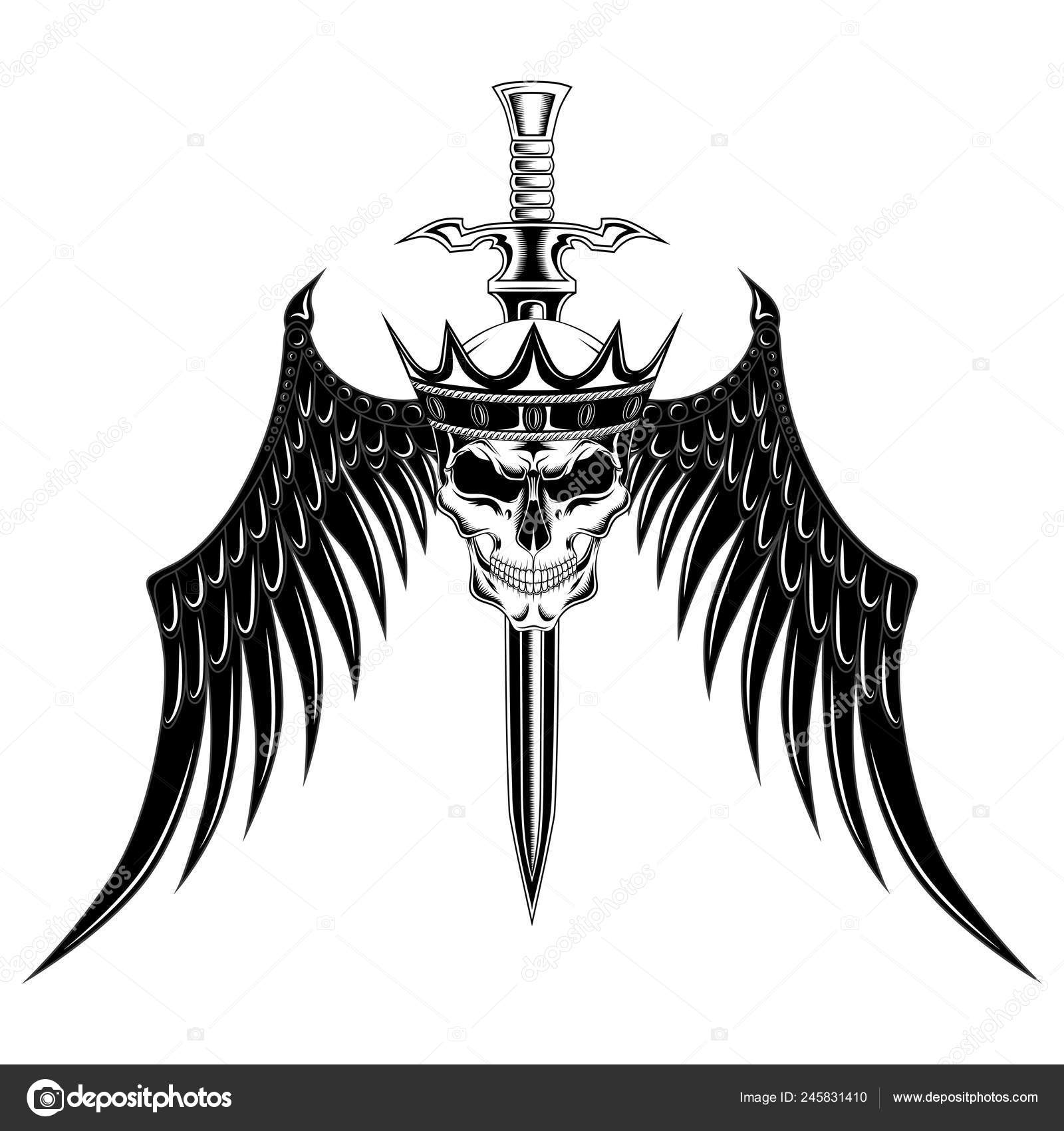 Skull Crown Black Wings Sword Vector Image White Background Stock ...