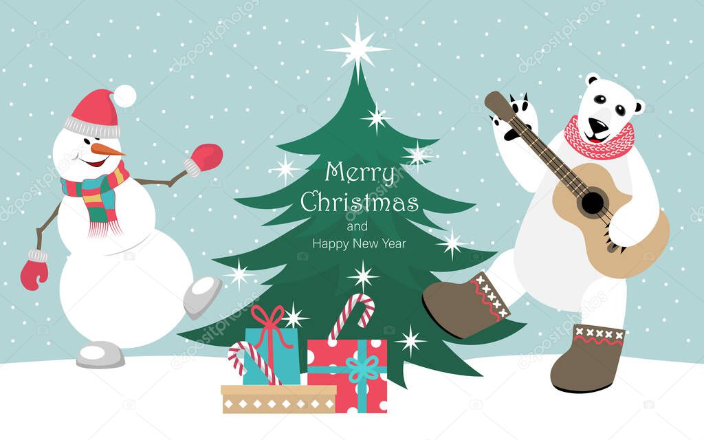 El oso polar y el muñeco de nieve están bailando cerca del árbol de ...