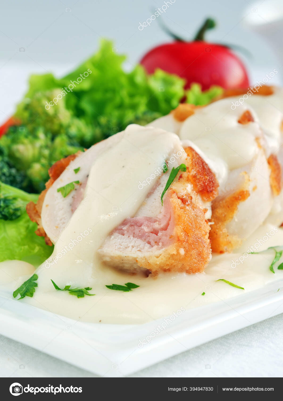 Chicken Cordon Bleu Sliced Parmesan Cream Sauce Vegetables Vertical ...
