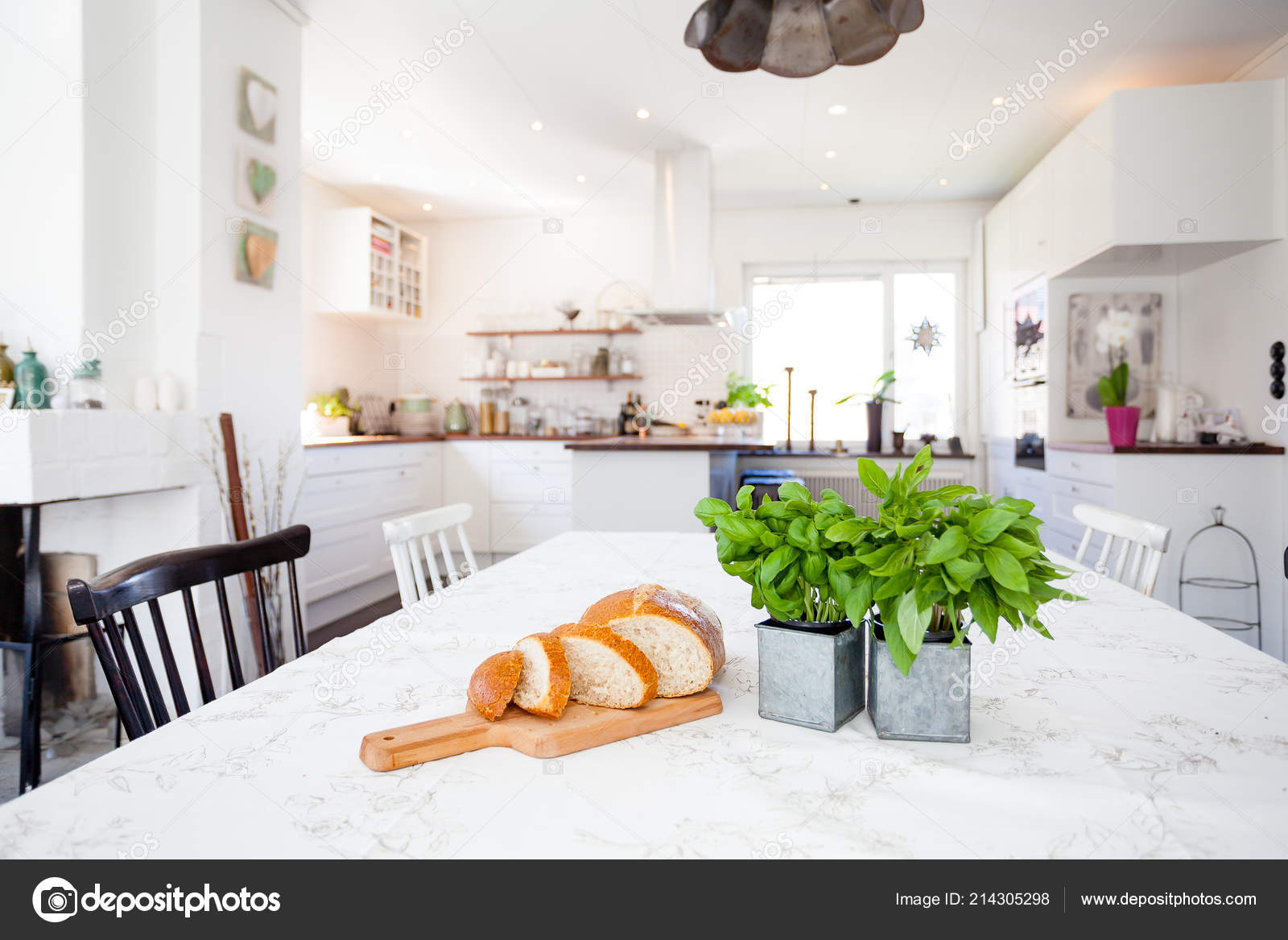 Banner Kitchen Interior Table White Cupboards — Stock Photo ...