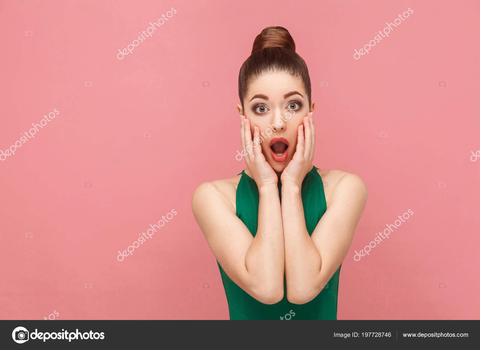 Shocked Woman Wearing Green Dress Opened Mouth Touching Hands Cheeks