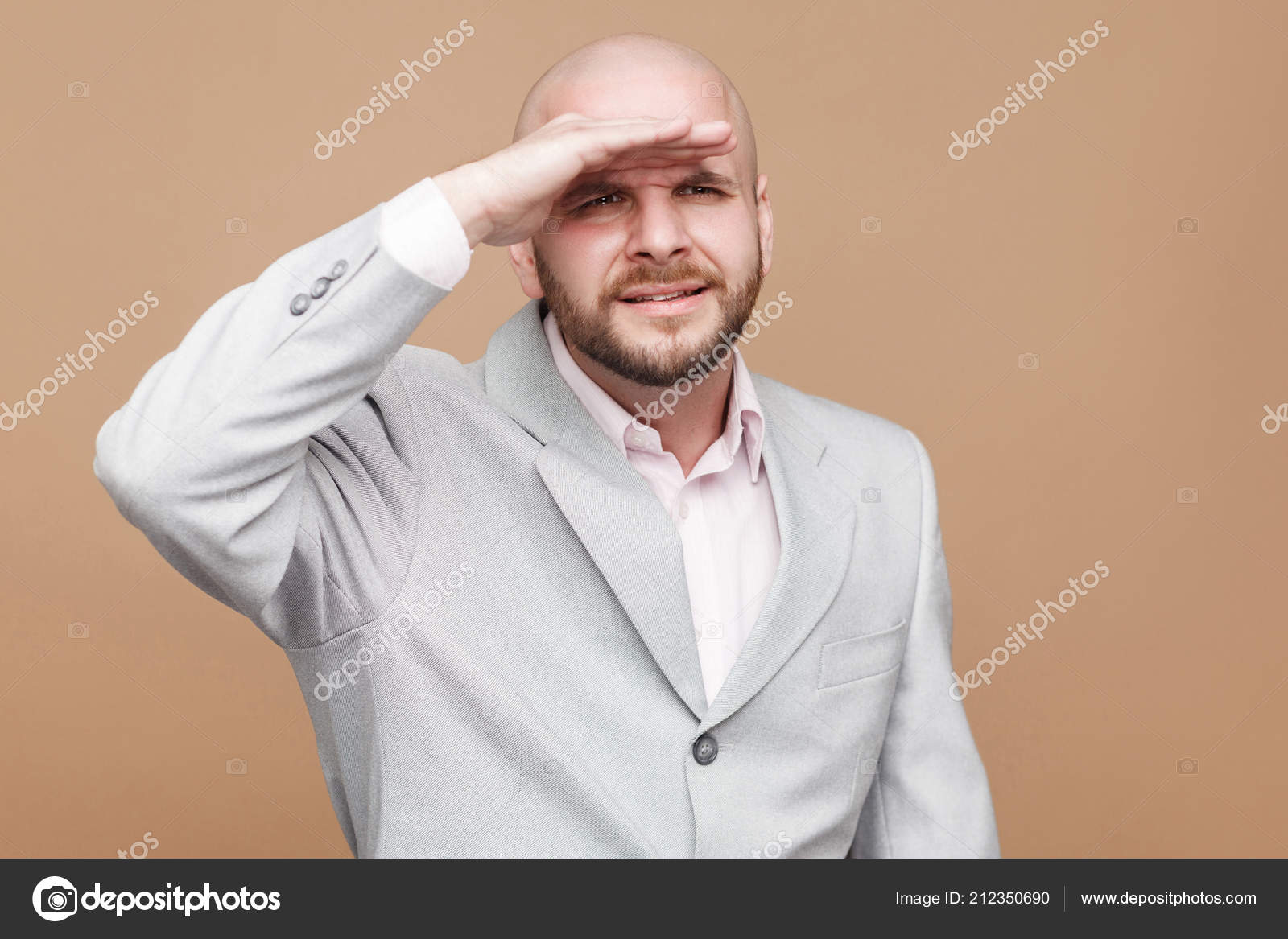 Portrait Confused Handsome Middle Aged Bald Bearded Businessman Light