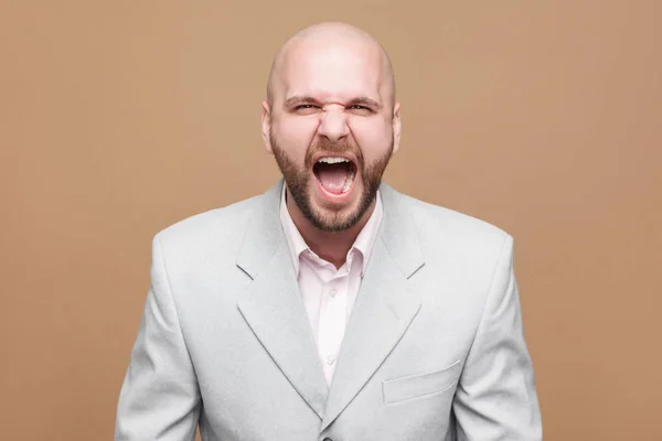 Portrait Confused Handsome Middle Aged Bald Bearded Businessman Light